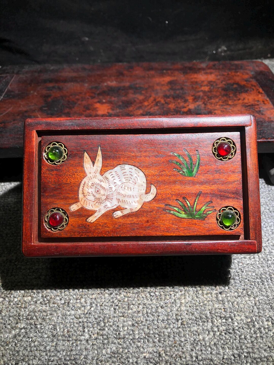 Chinese Antique Handmade Carved Rosewood Inlaid Rabbit Pattern Jewelry ...
