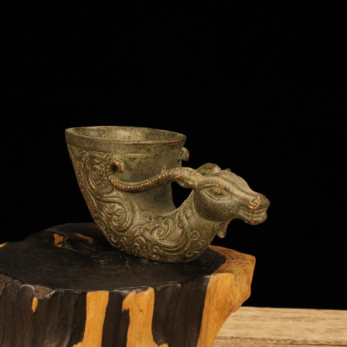 Chinese Antique Collection Hand Carved Pure Copper Sheep Head Jue Cup ...