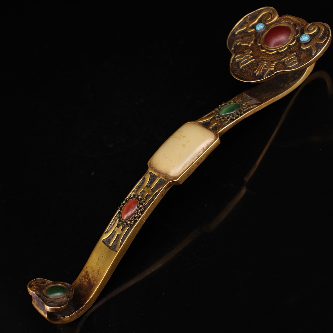 Chinese Statues Hand Carved Pure Copper Inlaid With Gems and Jade Ruyi ...