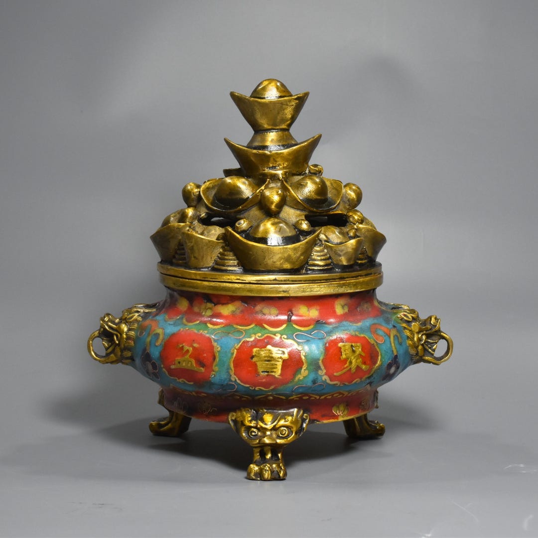 Chinese Pure Hand-carved Copper Cloisonn é Yuanbao Incense Burner ...
