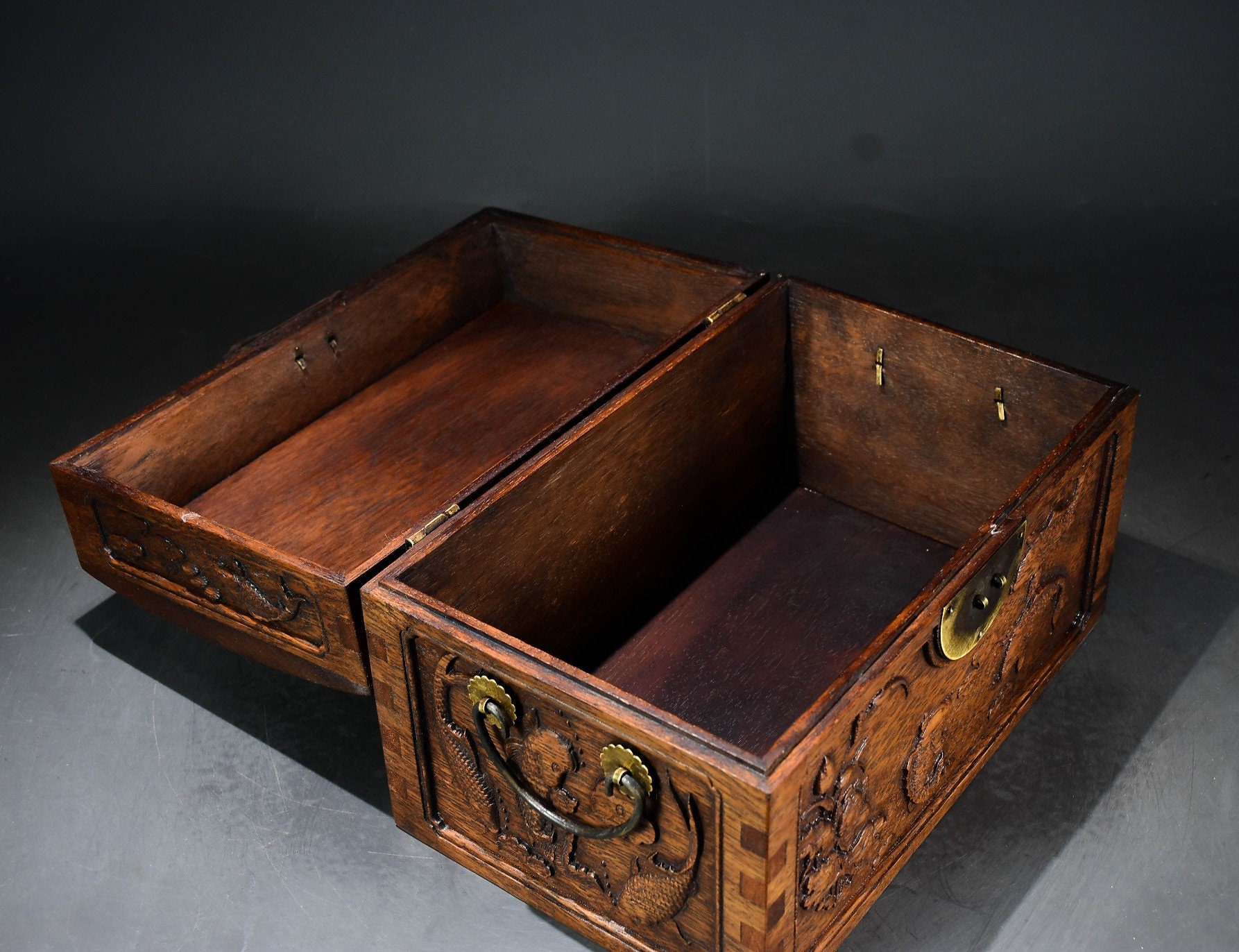 Chinese Hand Carved Natural Rosewood Lotus Fish Pattern Treasure Chest ...