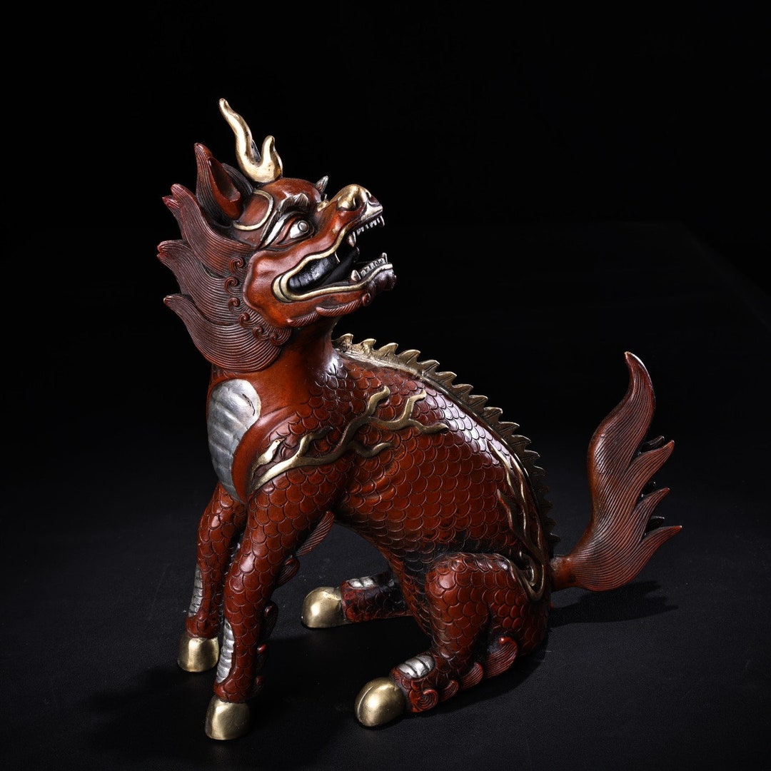 Chinese Pure Hand Carved Exquisite and Rare Pure Copper Gilt Kirin ...