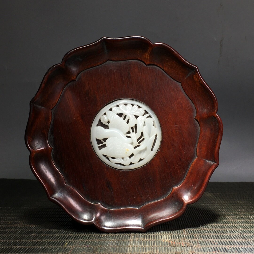 Chinese Pure Hand Carved Rosewood Inlaid White Jade Exquisite Pattern ...