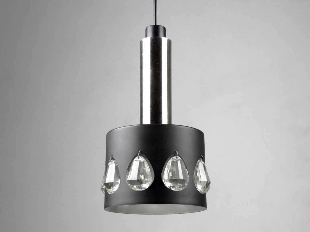 MCM Ceiling Light, Black Metal Casing With Cut Glass Pendants, 60s ...