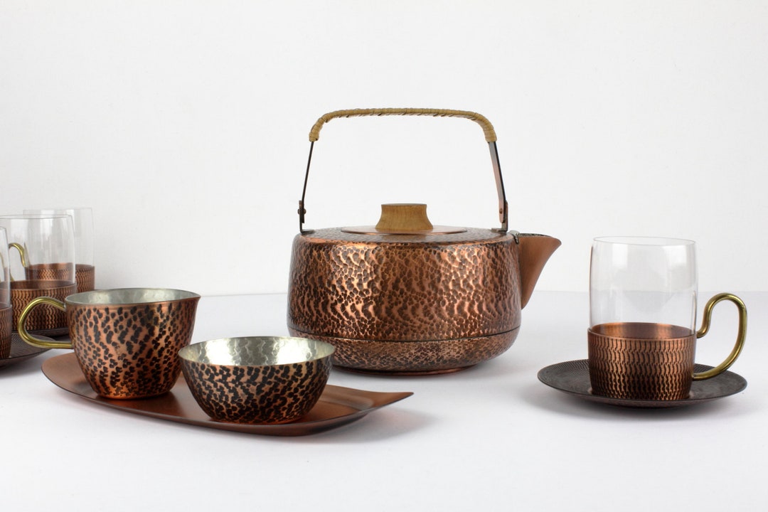 Vintage Copper Tea Set 12 Persons, 12 Tea Cups, Tea Pot, Suggar Pot and ...