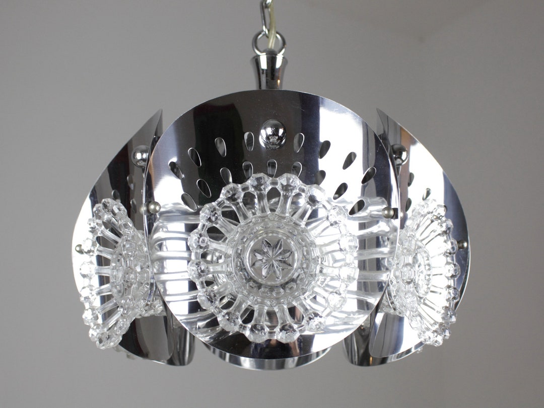 MCM Ceiling Light, Chrome Metal Casing With Glass Elements, 60s Pendant ...