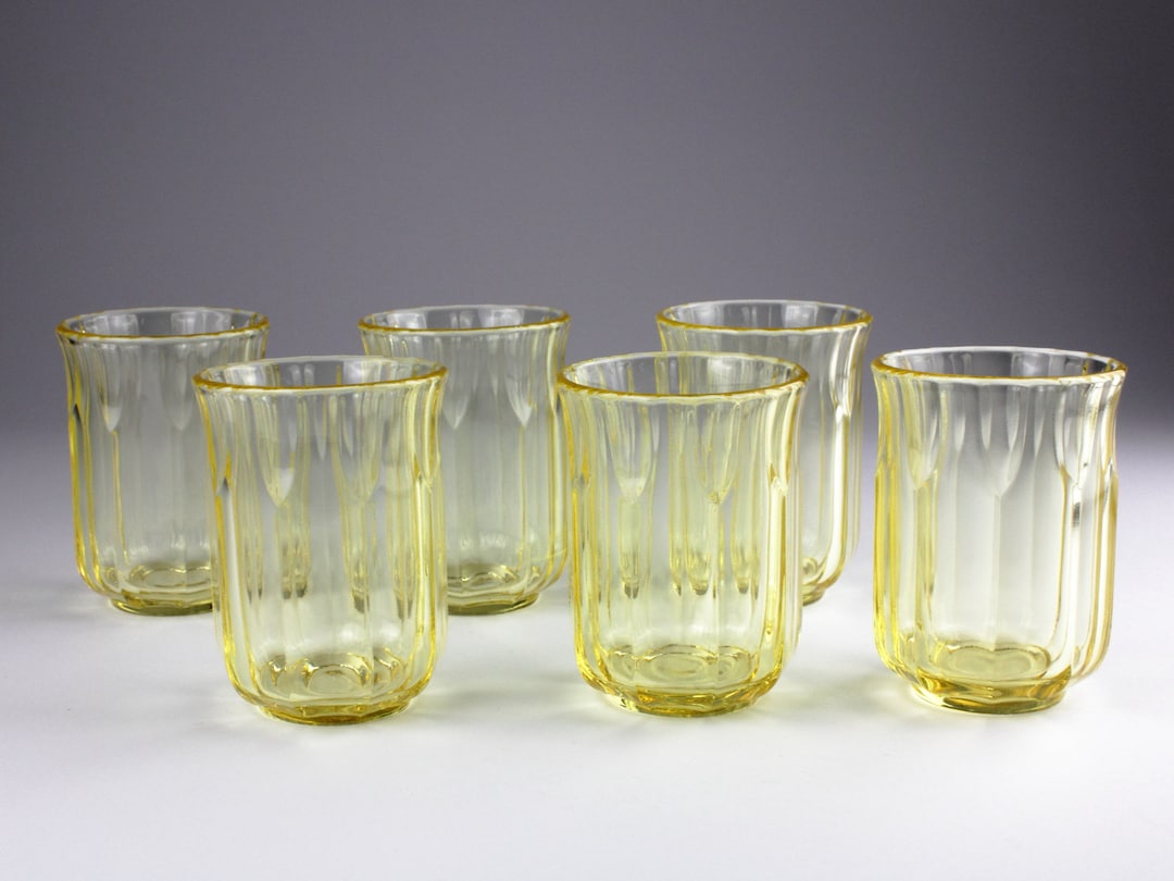 Six Art Deco Drinking Glasses, Yellow Pressed Glass Drinking Ware ...