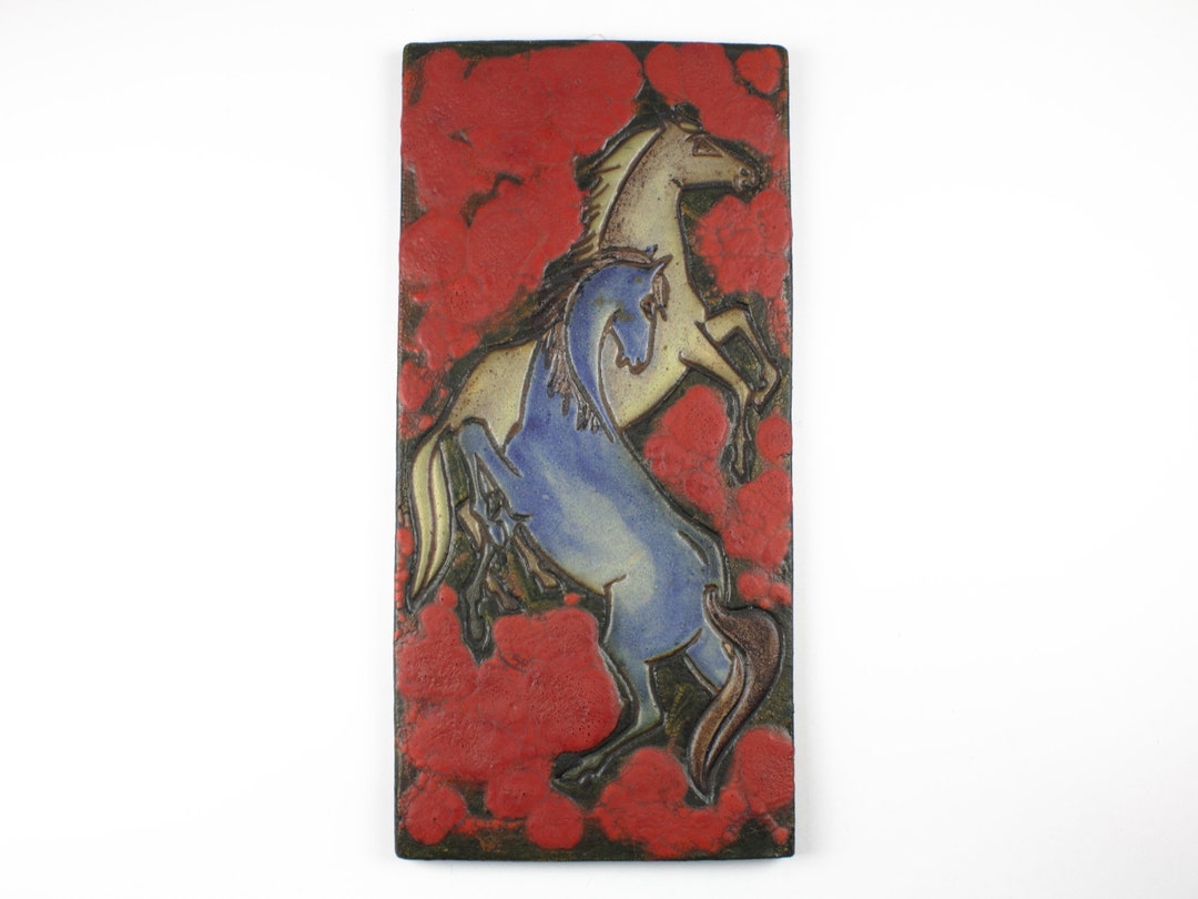 Ruscha Ceramic Wall Plate, Red Blue Horses, Fat Lava Wall Hanging, West ...