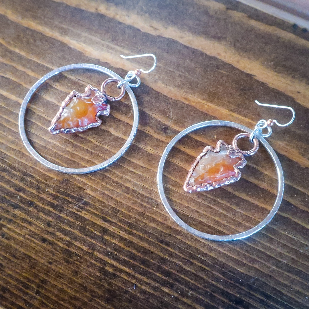 Carnelian Arrowhead in Copper and Sterling Silver Hoop Earrings, Bohemian Hoops, Carnelian ...