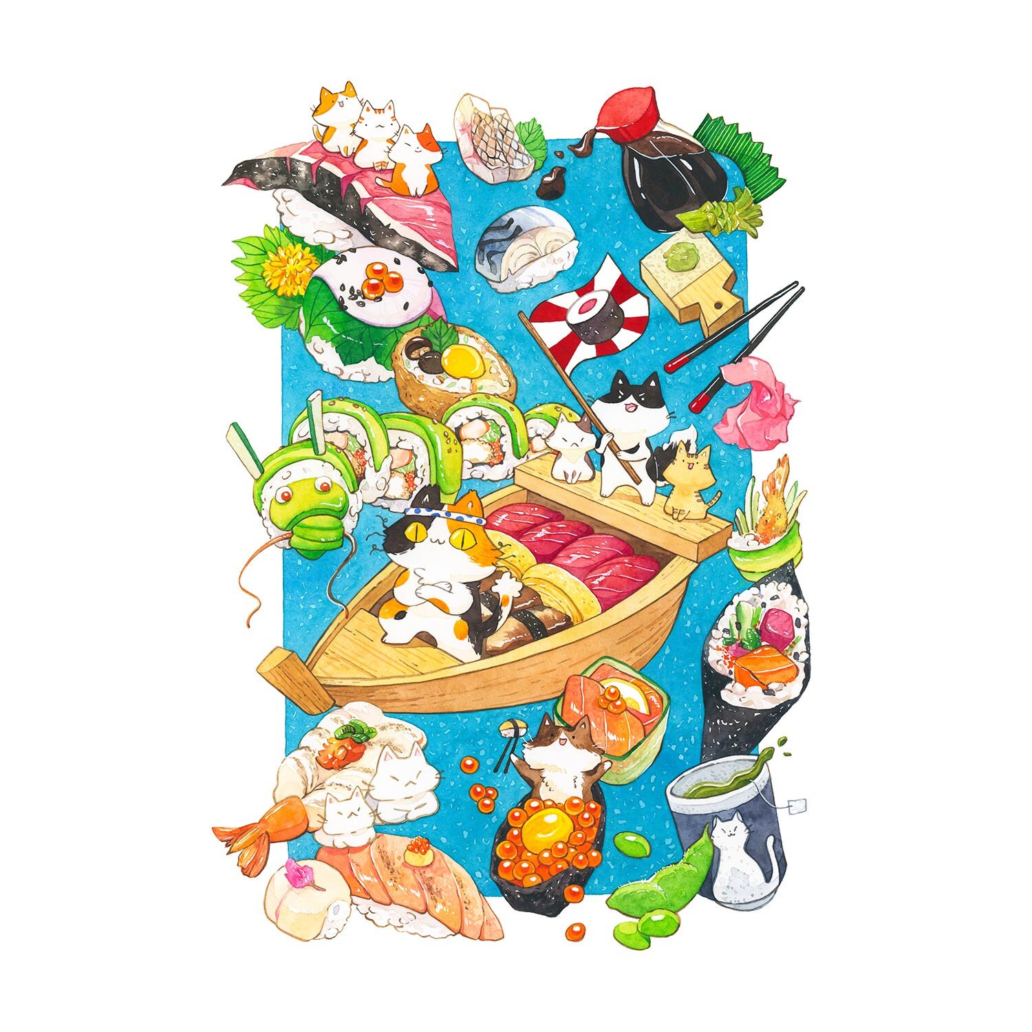Cute Cats Sushi Boat Watercolor Painting, Food Illustration Art Print ...