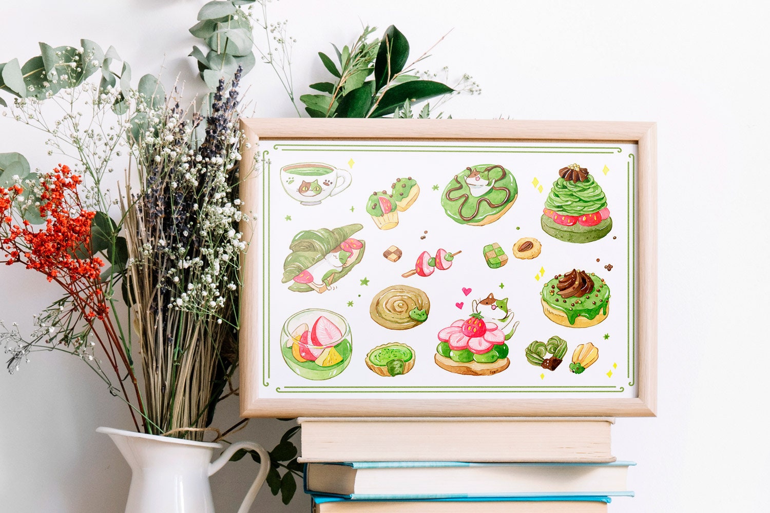 Set of 5 Sweet Dessert and Animals Watercolor Art Print Poster, Cute ...