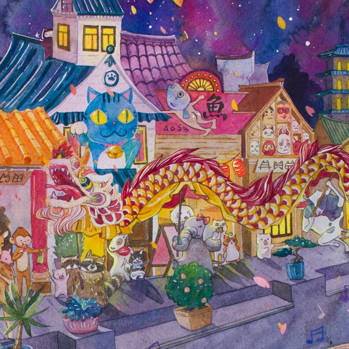 Cat Town Festival Watercolor Painting, Watercolor Illustration Print - Etsy
