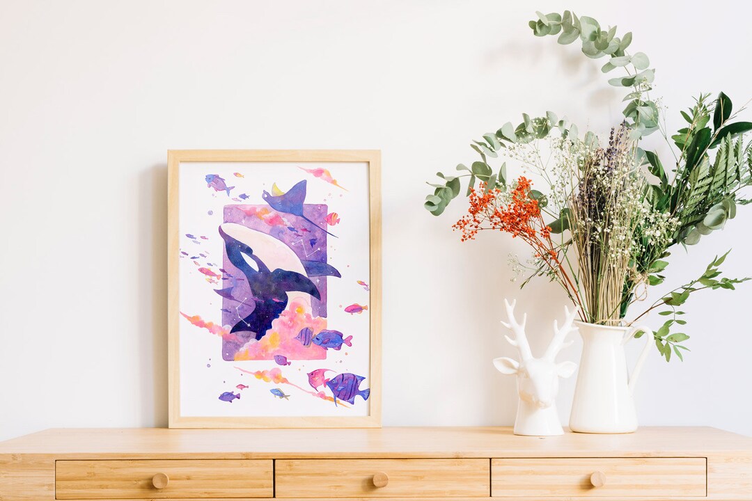 Whale Cosmo Watercolor Art Print, Marina Animal Killer Whale Orca Art ...