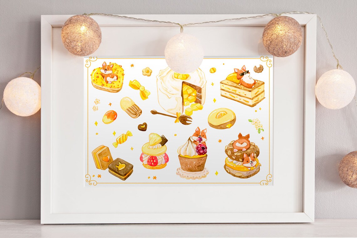 Set of 5 Sweet Dessert and Animals Watercolor Art Print Poster, Cute ...