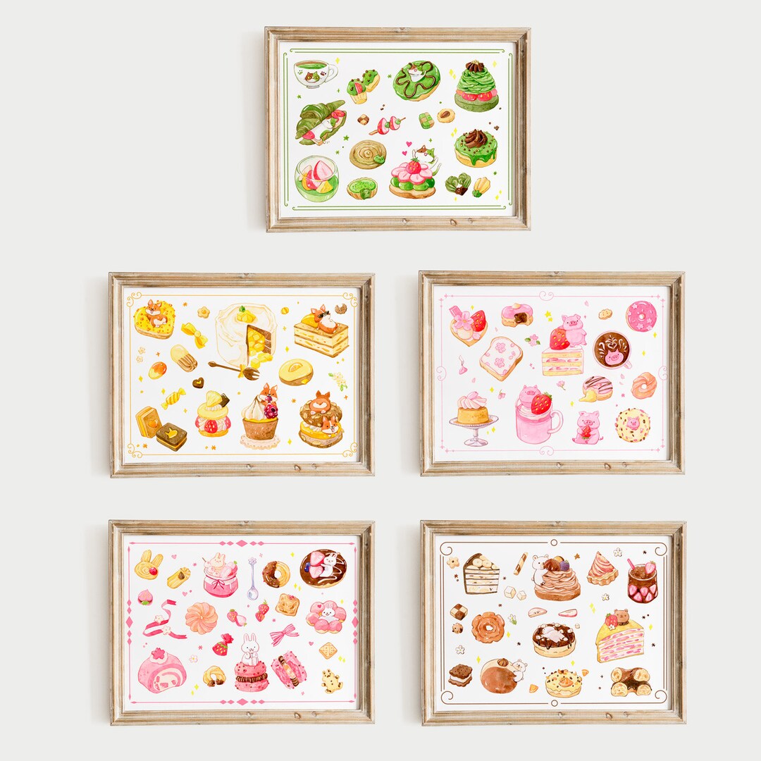 Set of 5 Sweet Dessert and Animals Watercolor Art Print Poster, Cute ...
