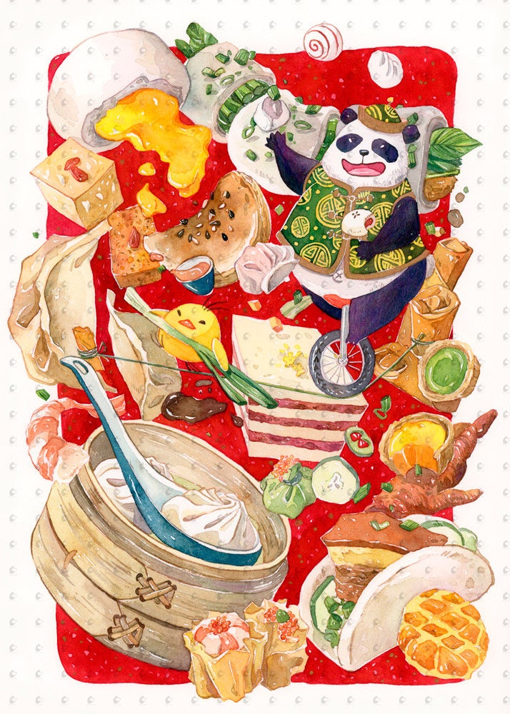 Watercolor Dim Sum Circus Panda Art Print, Food Illustration - Etsy