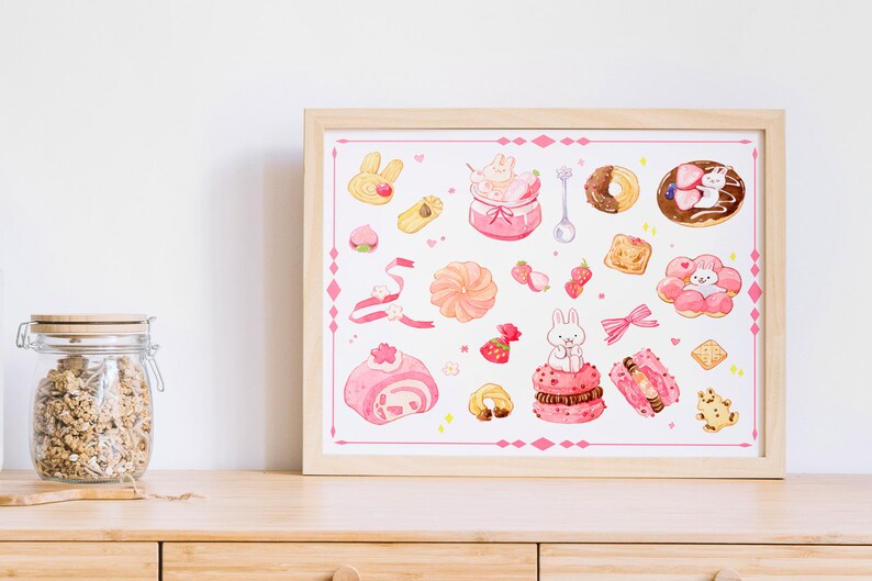 Set of 5 Sweet Dessert and Animals Watercolor Art Print Poster, Cute ...