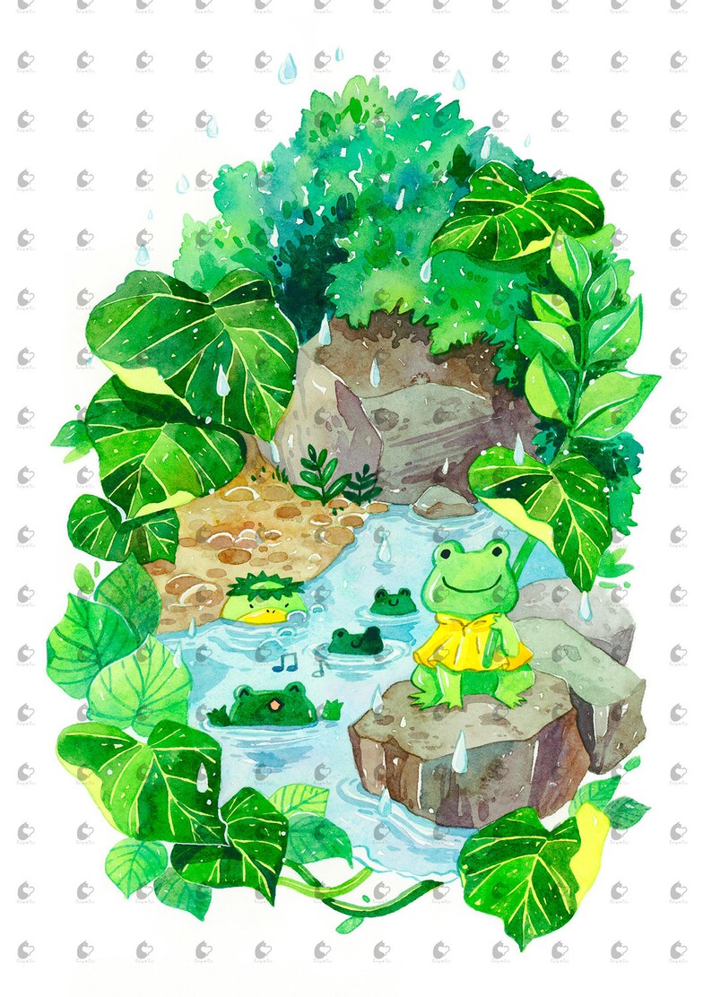 Spring Rainy Pond Watercolor Art Print Cute Frogs - Etsy