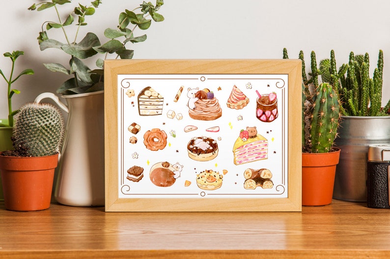 Set of 5 Sweet Dessert and Animals Watercolor Art Print Poster, Cute ...