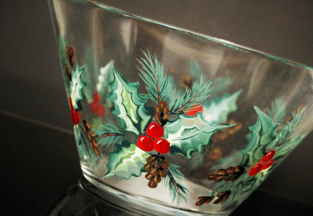 Christmas Serving Bowl, Holly, Glass, Hand Painted - Etsy
