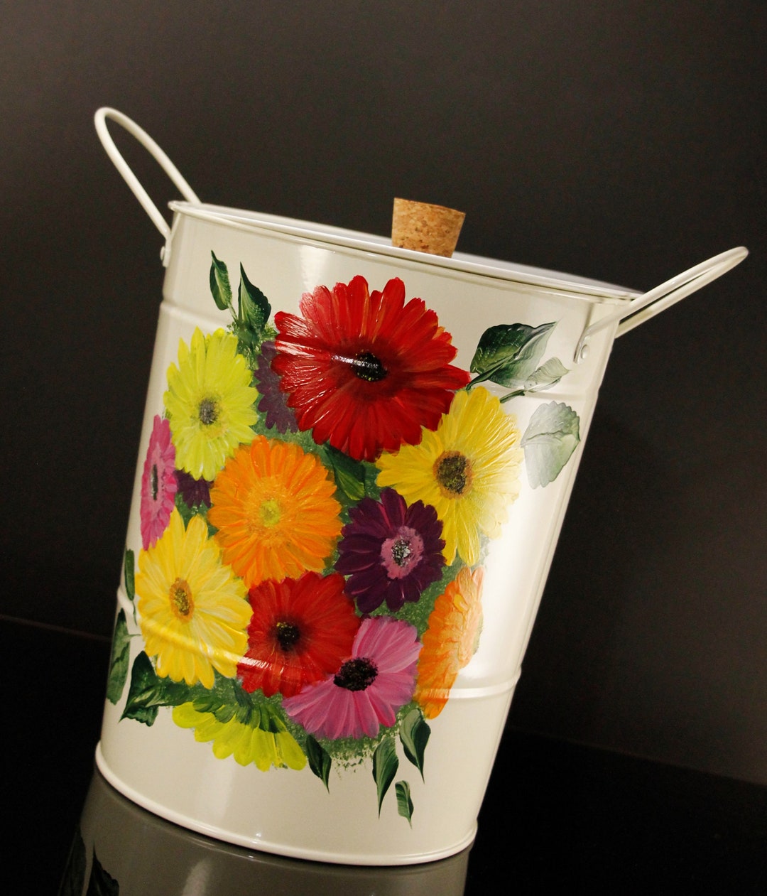 Gerbera Daisy Compost Bin With Removeable Lid, Hand Painted Metal ...