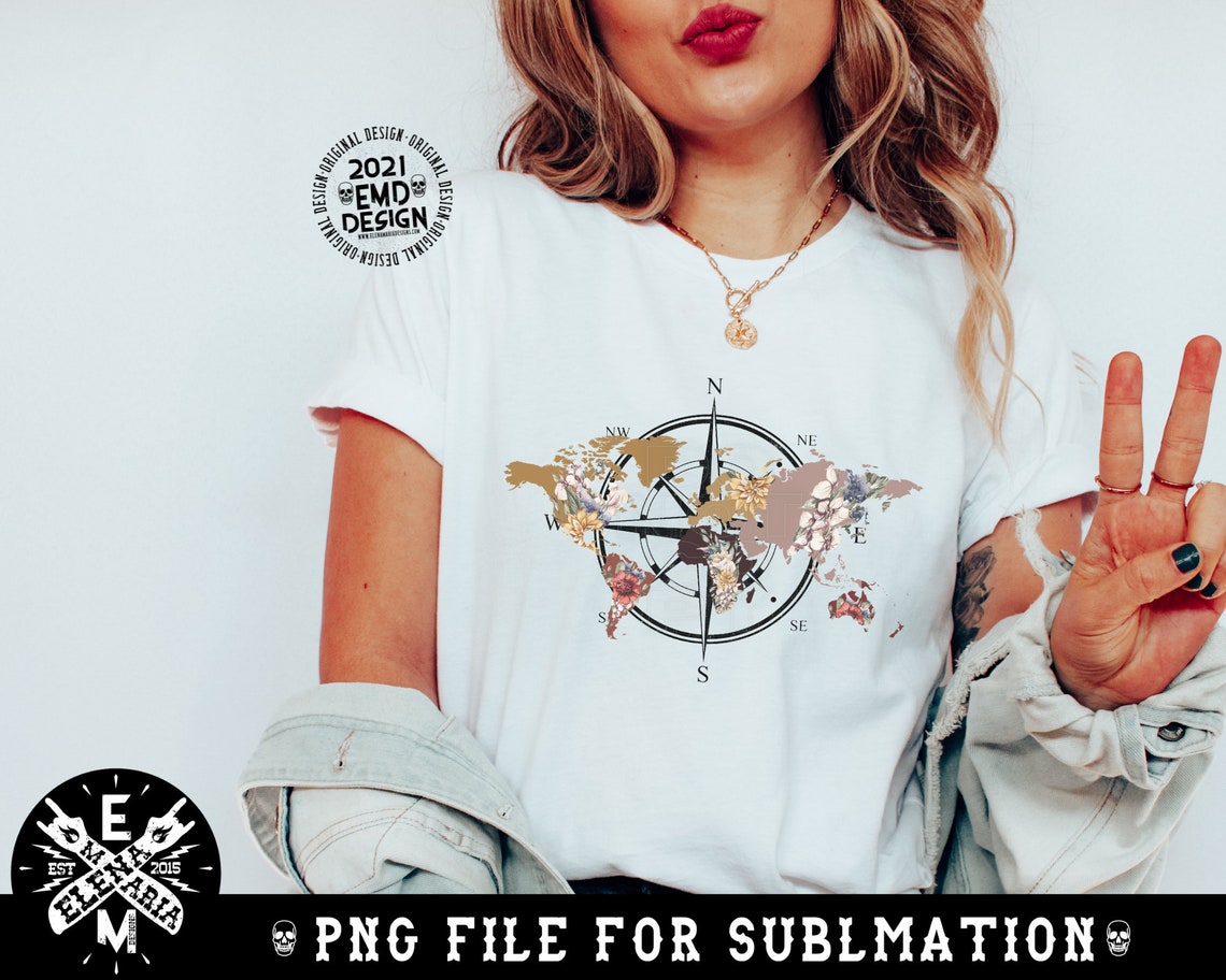 Floral World Map Sublimation PNG Floral Compass Nautical PNG - Etsy
