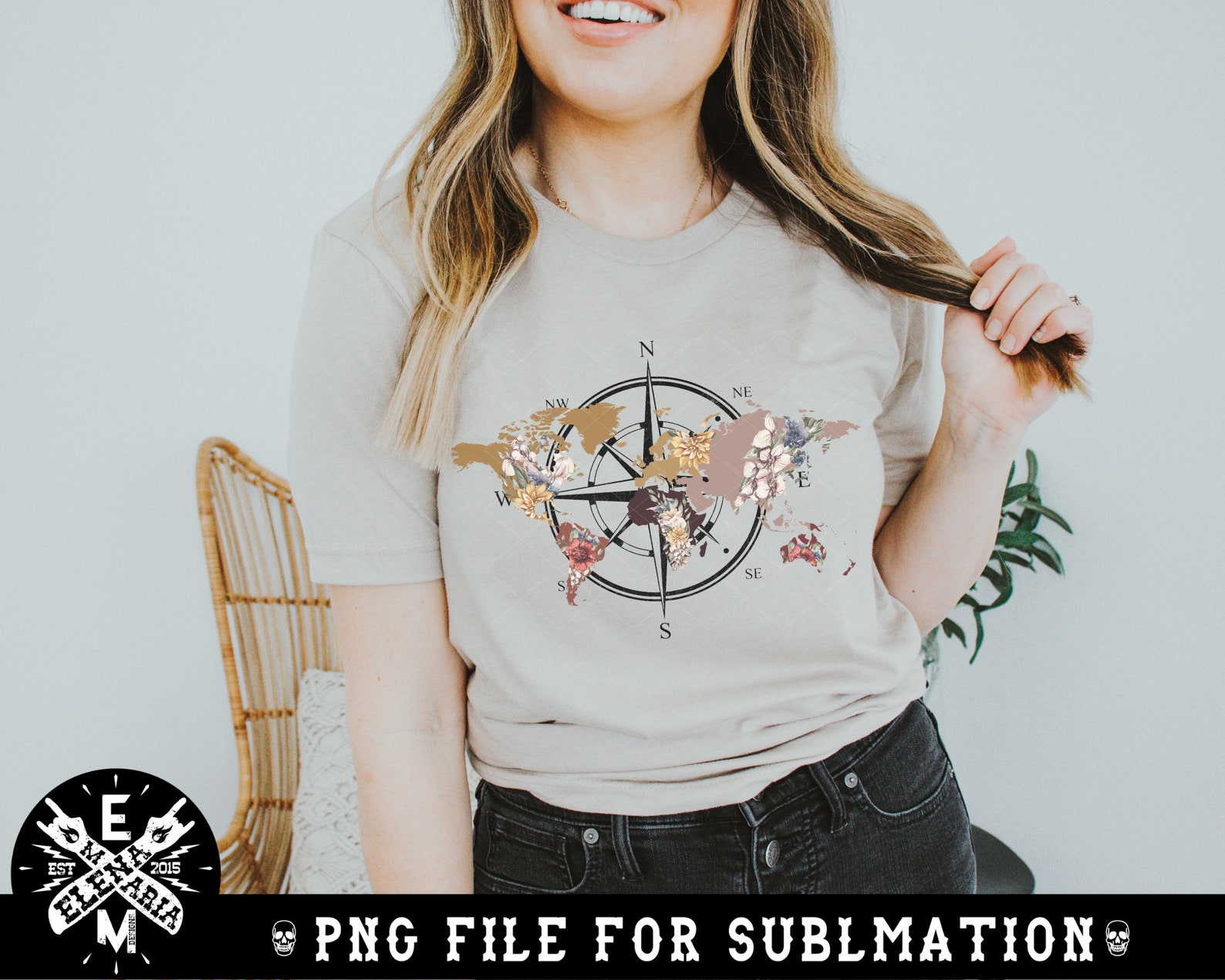 Floral World Map Sublimation PNG Floral Compass Nautical PNG - Etsy