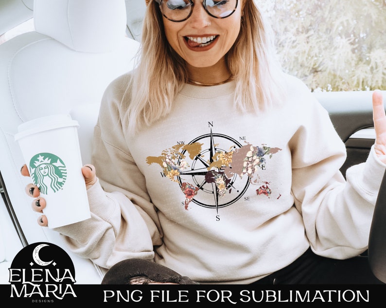 Floral World Map Sublimation PNG Floral Compass Nautical PNG - Etsy