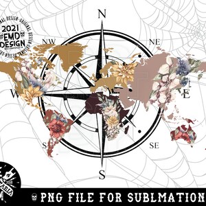 Floral World Map Sublimation PNG Floral Compass Nautical PNG - Etsy
