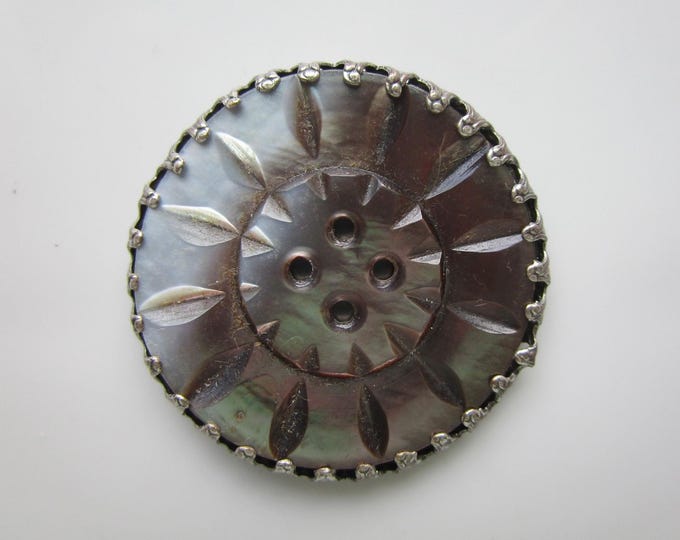 Antique Carved Rose-brown Pearl Button in Brass Bezel, 1-5/16" (33mm ...