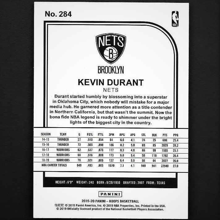 Kevin Durant Autograph Signed 2019 Panini Card 284 Warriors/nets - Etsy
