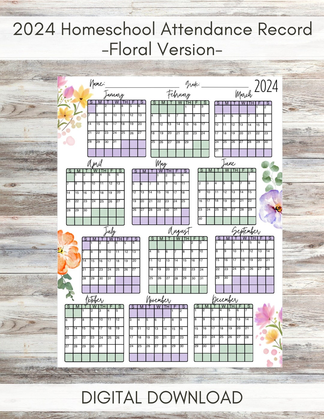 2024 Homeschool Attendance Record Floral Version - Etsy
