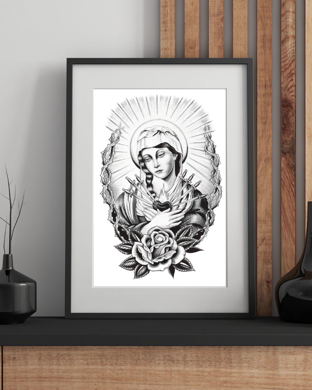 Sacred Heart of Mary Tattoo Flash | Digital Download | Black and Grey ...