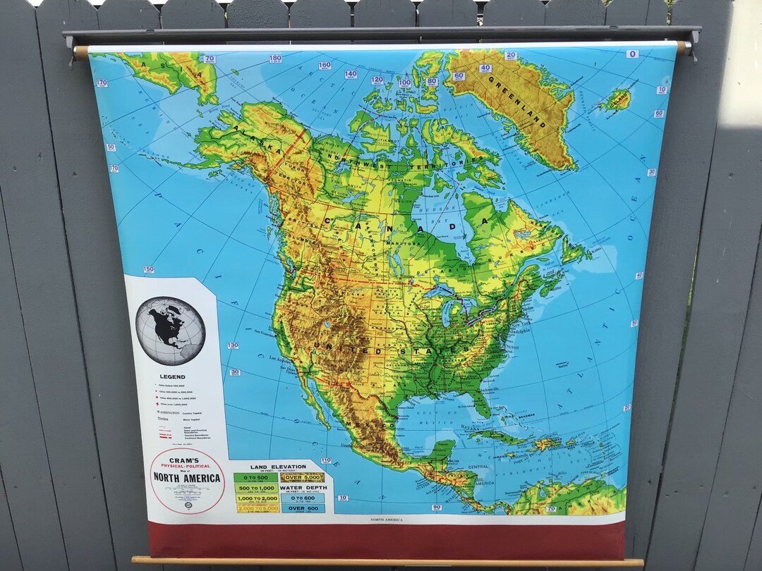 Vintage Cram's Physical - Political Pull Down / Retractable School Map ...
