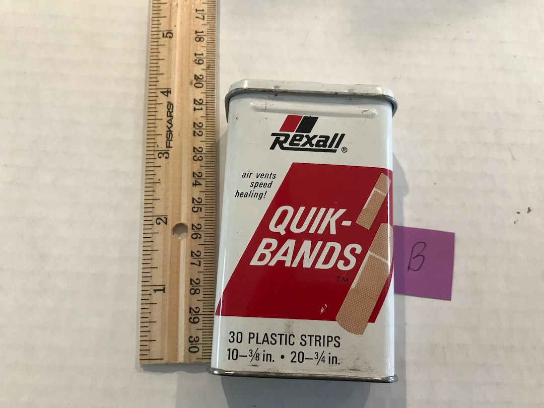 Vintage Rexall Quick-bands 30 Plastic Strips EMPTY Metal / Tin Box ...