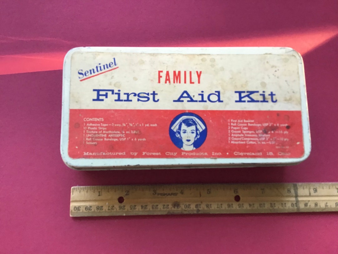 Vintage Sentinel Family First Aid Kit Tin Box With Contents. 8" X 4" X ...