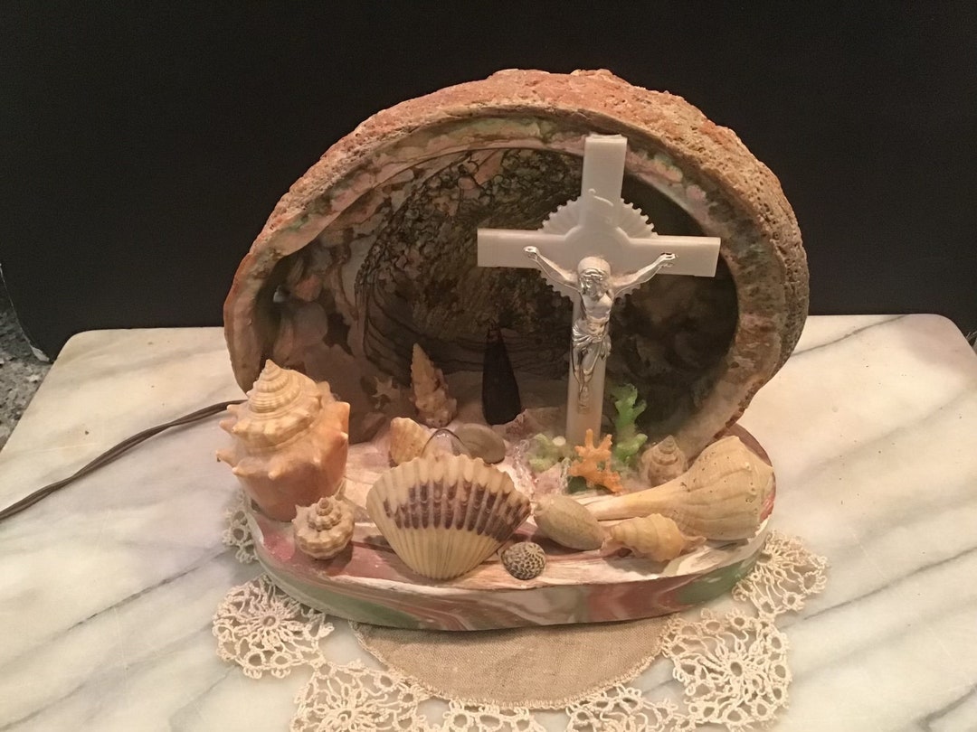 Vintage Mid Century Abalone Shell, Sea Shells, and Jesus on Cross ...