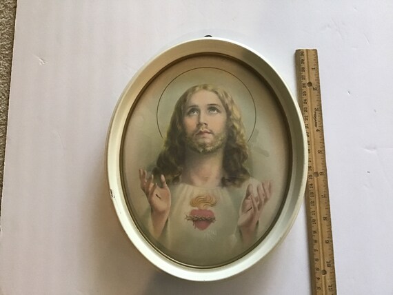 Vintage sacred Heart of Jesus Framed Oval Picture | Etsy
