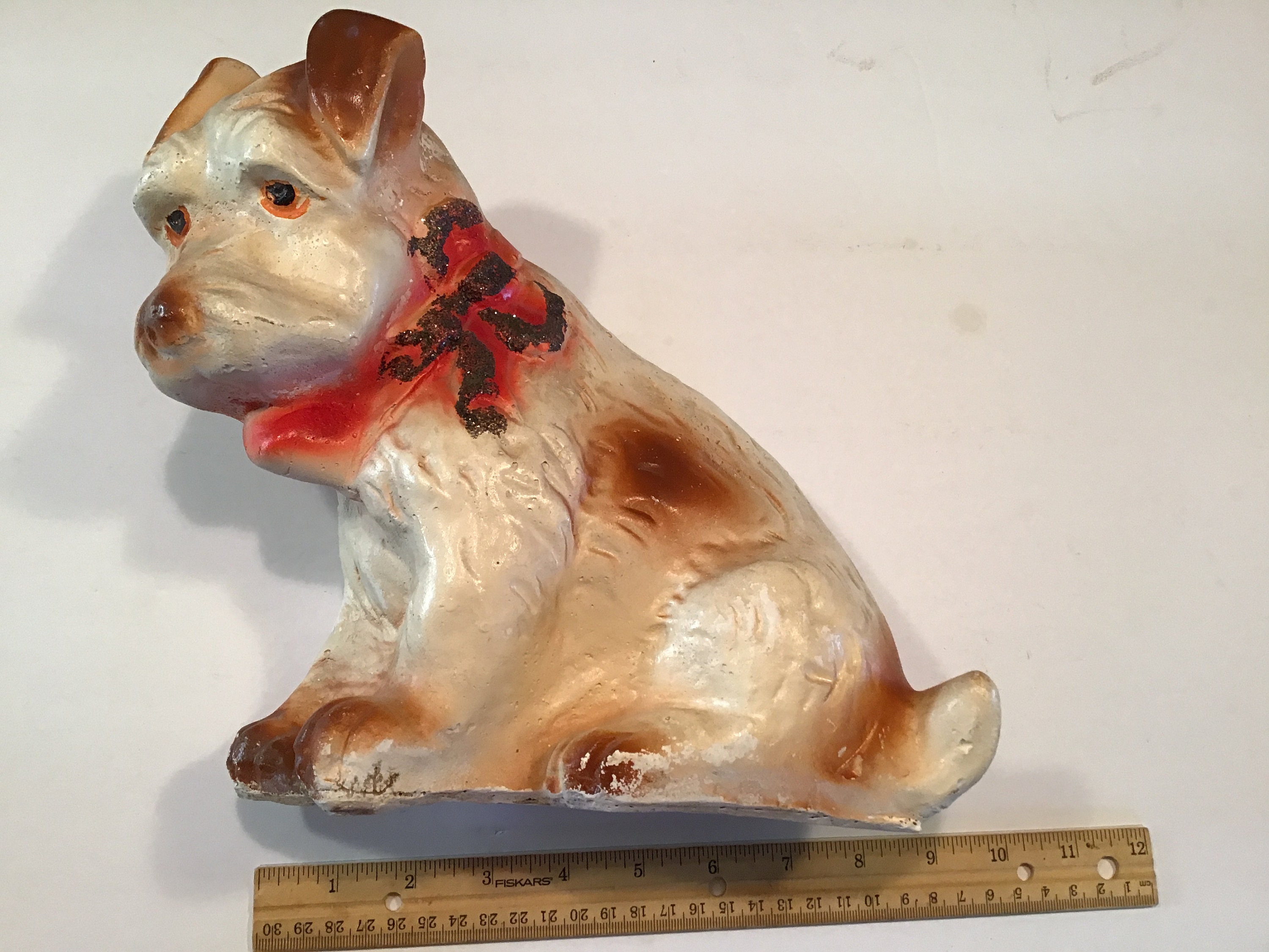 Vintage Terrier Chalkware Dog With Red Bow and Glitter. 1643 - Etsy