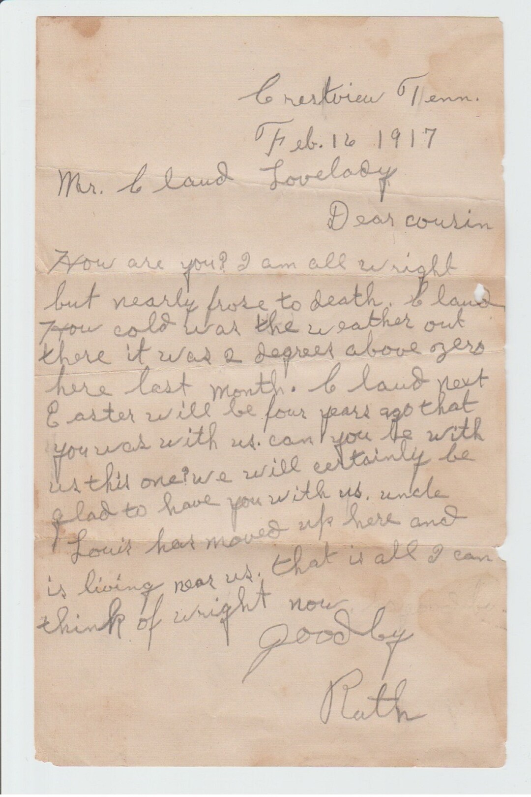 Vintage Handwritten Letter Dated Feb. 16, 1917 Crestview TN to Leland ...