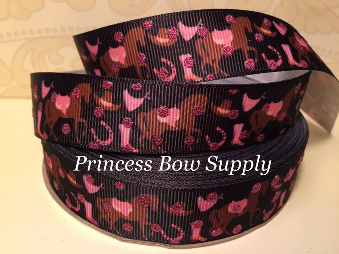 7/8" Pink Glitter Horse Grosgrain Ribbon, Pink Western Boots Designer ...