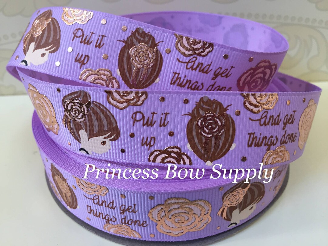 7/8" Rose Gold Foil Roses on Lavender Grosgrain Ribbon, Bun in Hair ...