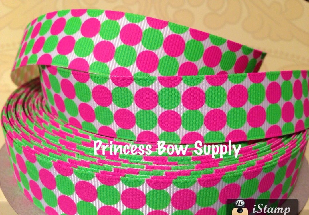 7/8" Hot Pink Lime Green Polka Dot Grosgrain Ribbon by the Yard for Bow ...