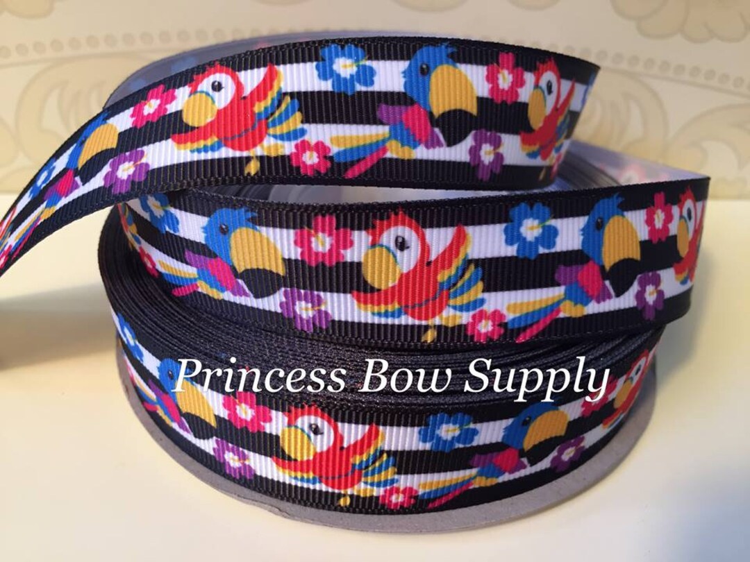 7/8" Bird Grosgrain Ribbon, Toucan Ribbon, USDR Black Striped Printed ...