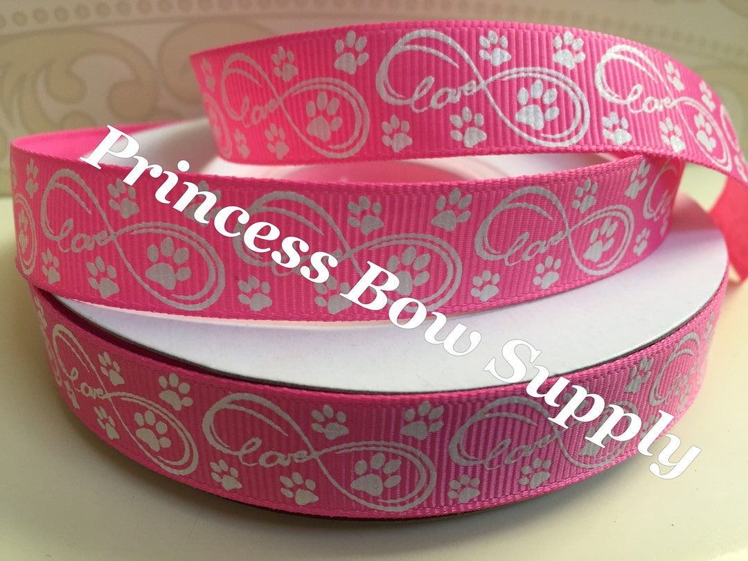 5/8 Paw Print Grosgrain Ribbon, Hot Pink and White Ribbon, Dog Collar ...