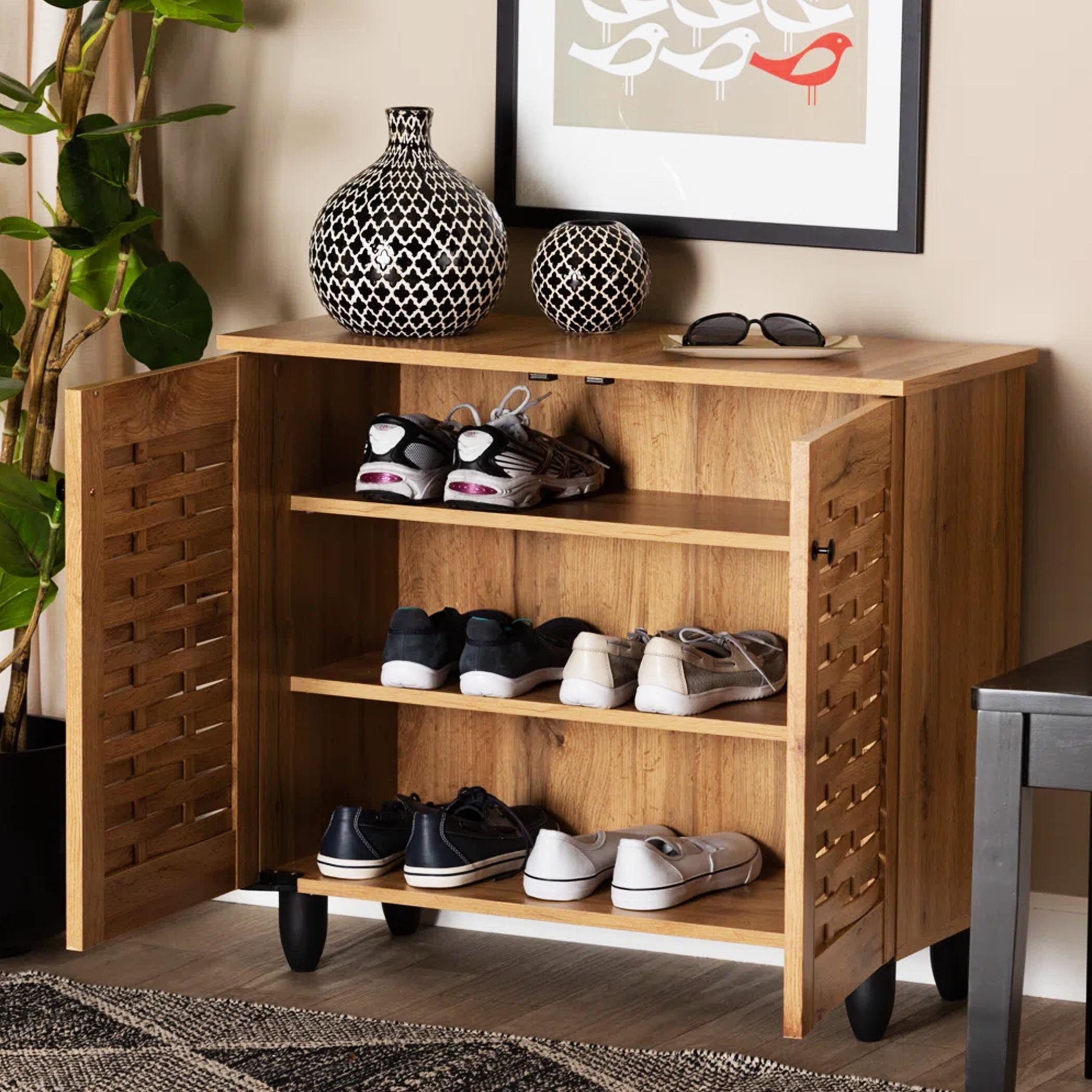 Shoe Cabinet, 3 Tier Shoe Cabinet With Door, Wooden 9 Pair Shoe Storage ...