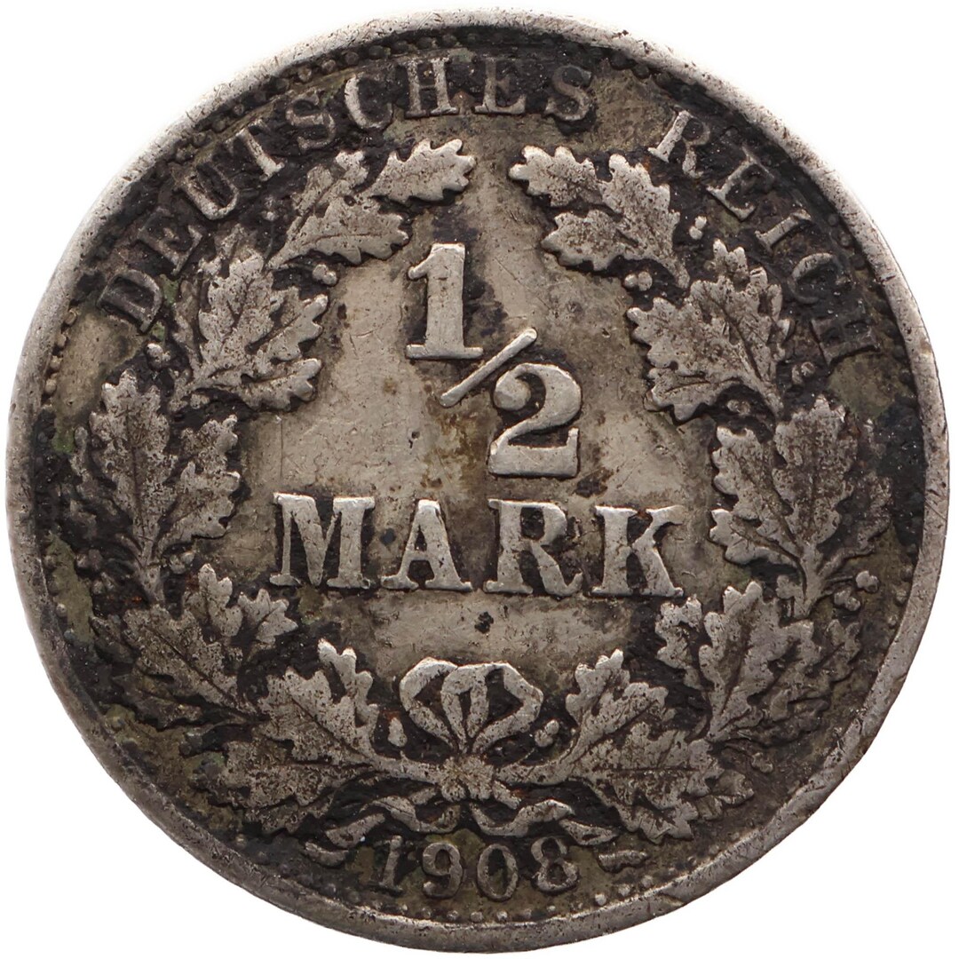 1908 A Germany Half Mark Wilhelm II Coin Silver (type 2 - Small Shield ...