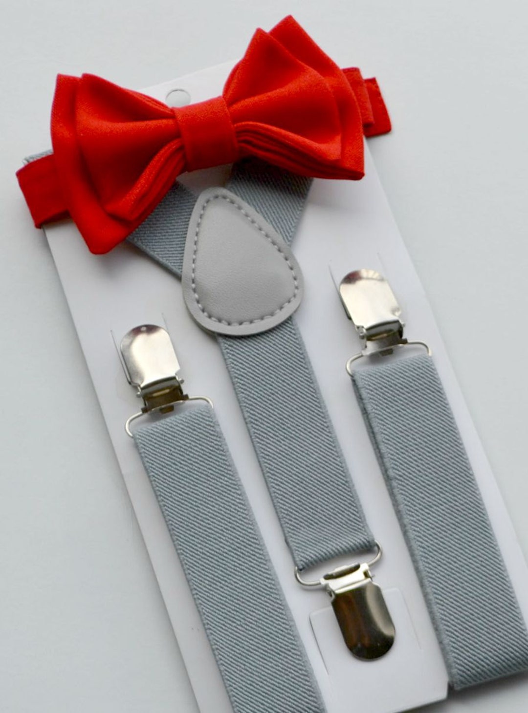 Bow Tie Suspenders Set, Light Gray Suspenders & Red Bow Tie for Baby ...