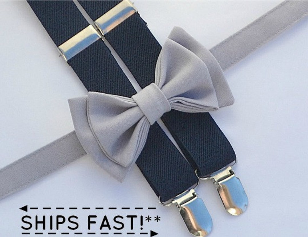 Bow Tie Suspenders Set, Navy Suspenders & Silver Grey Bow Tie, Bow Tie ...