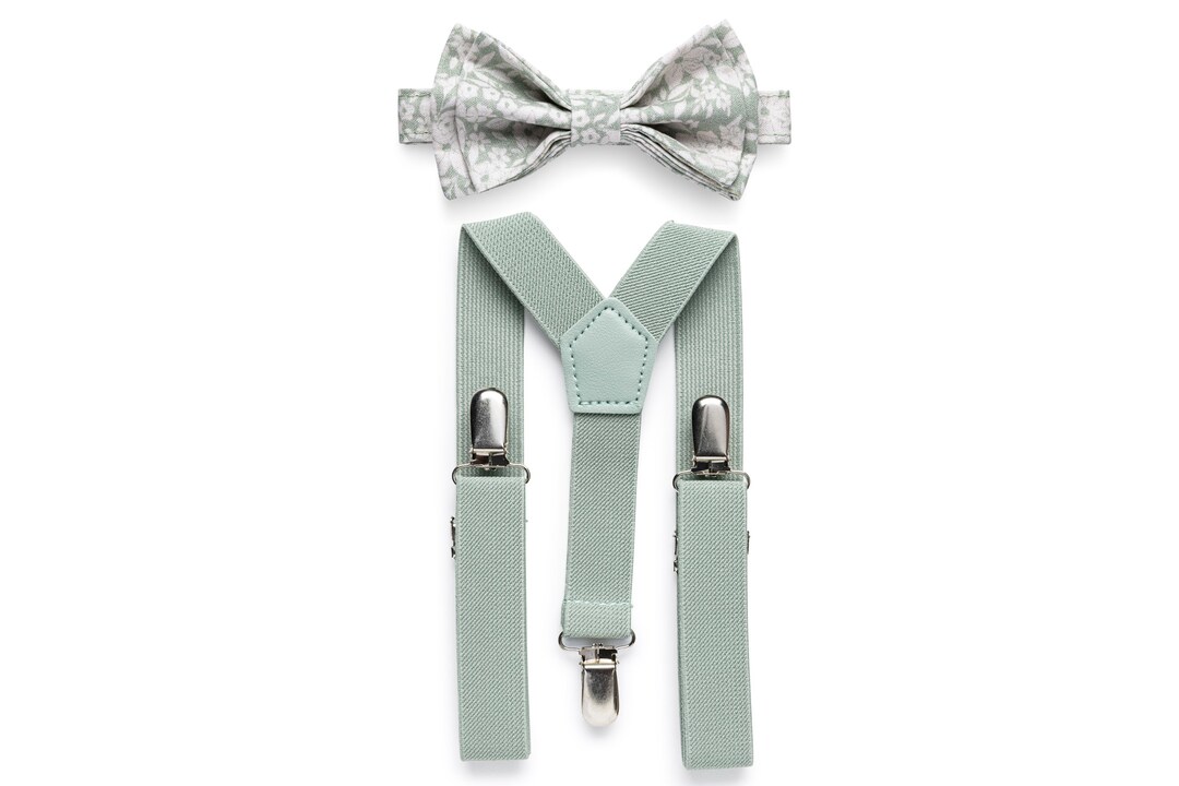 Sage Green Floral Bow Tie Suspenders Wedding, Bow Tie Suspenders for ...